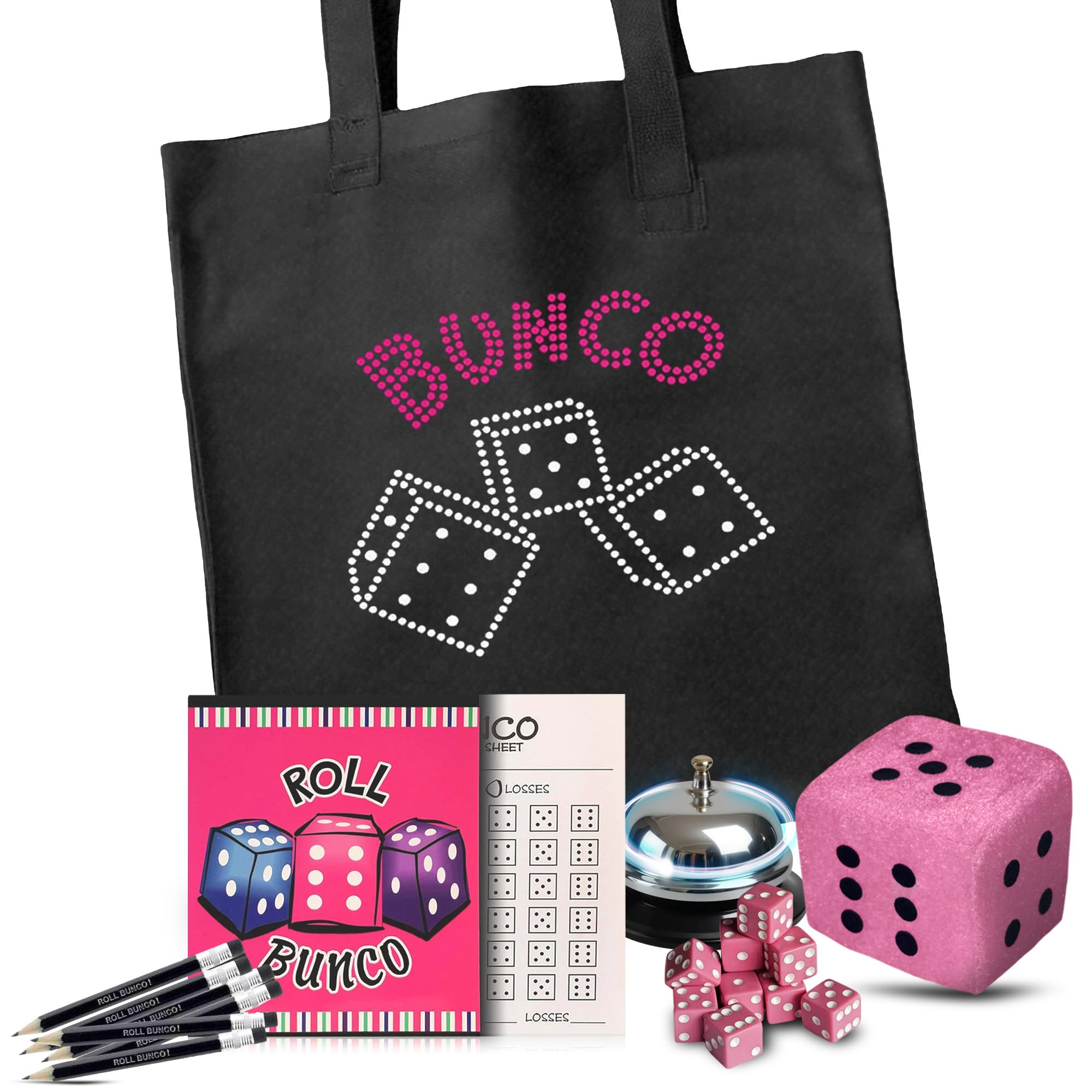 Bunco Game Kit with Crystal Tote Bag - Includes 9 Pink Dice, Bunco Score Sheets, Pencils, Bell, & 3 Inch Plush Dice - All of The Bunco Party Supplies You Need!