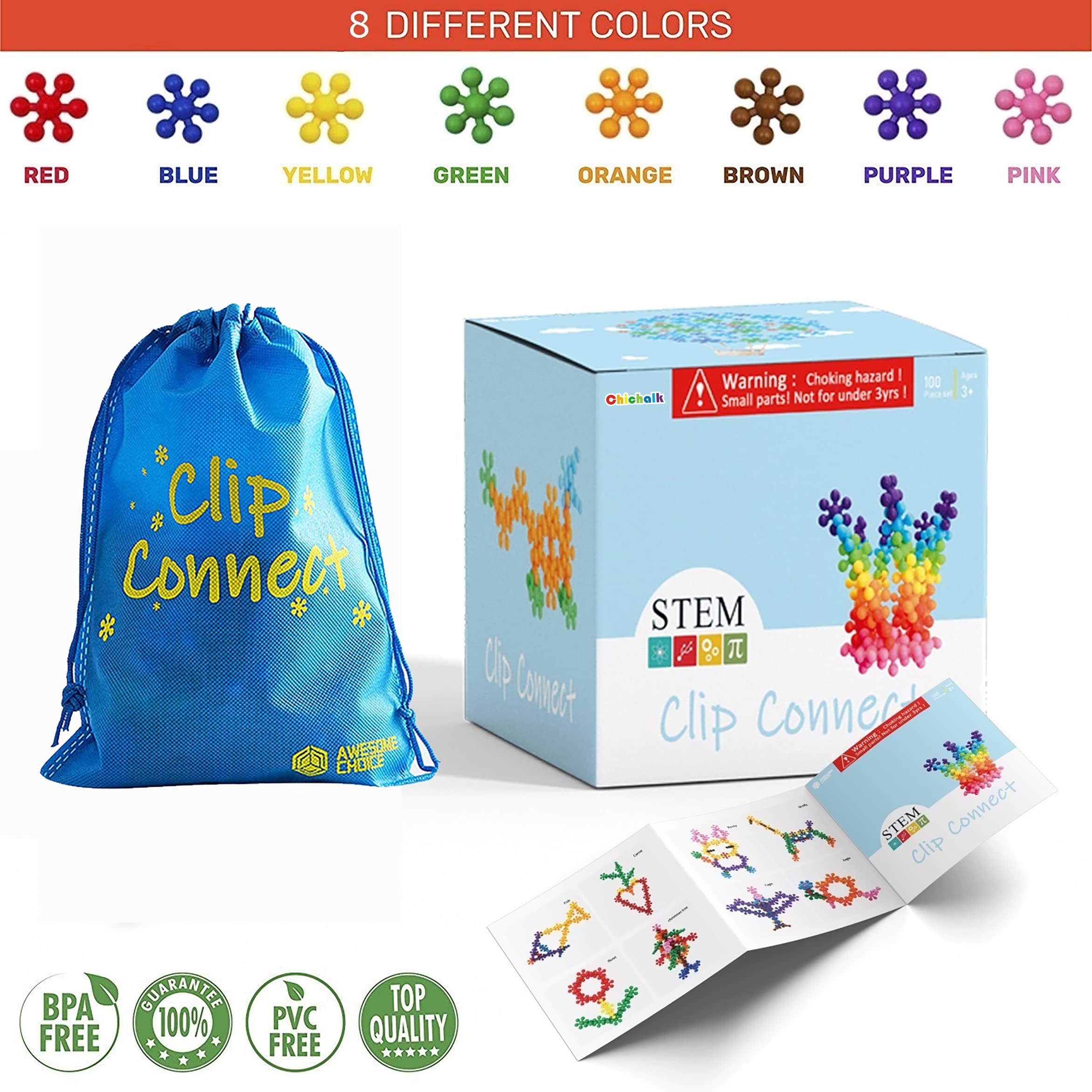 Clip Connect 100 Pieces | Diameter 1.5", Interlocking Solid Plastic Building Blocks Set Early STEM Educational Toy for Preschool Kids Boys and Girls, Promotes Fine Motor Skills & Sensory Development