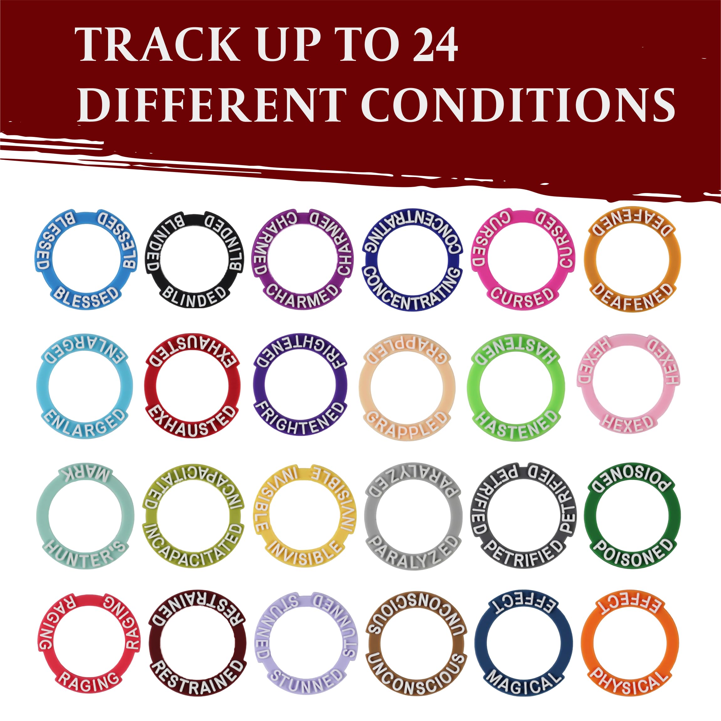 DND Miniatures Condition Markers - 96 Rings to Track 24 Different Status & Spell Effects for RPG/DND Minis Like Dungeons and Dragons 5th Edition & Pathfinder Perfect DnD Gifts & D&D Accessories Tokens