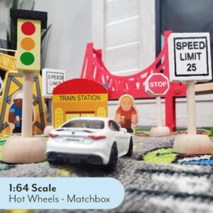 Attatoy Kids Wooden Street Signs Playset (14-Piece Set), Wood Traffic Signs Perfect for Car & Train Set