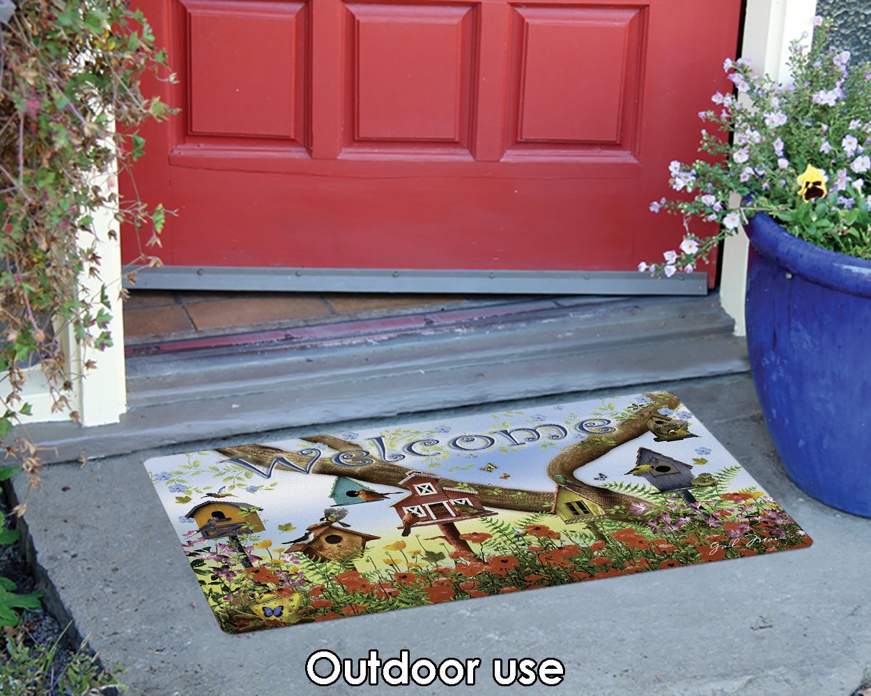 Toland Home Garden 800242 Poppies and Birdhouses Summer Door Mat 18x30 Inch Welcome Outdoor Doormat for Entryway Indoor Entrance