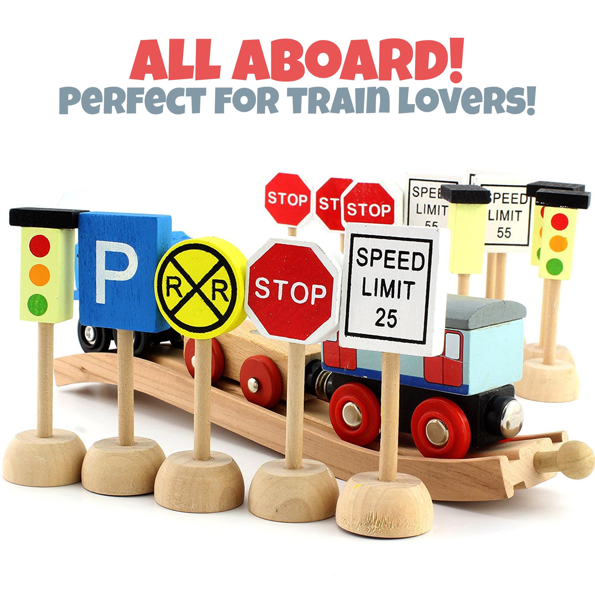 Attatoy Kids Wooden Street Signs Playset (14-Piece Set), Wood Traffic Signs Perfect for Car & Train Set