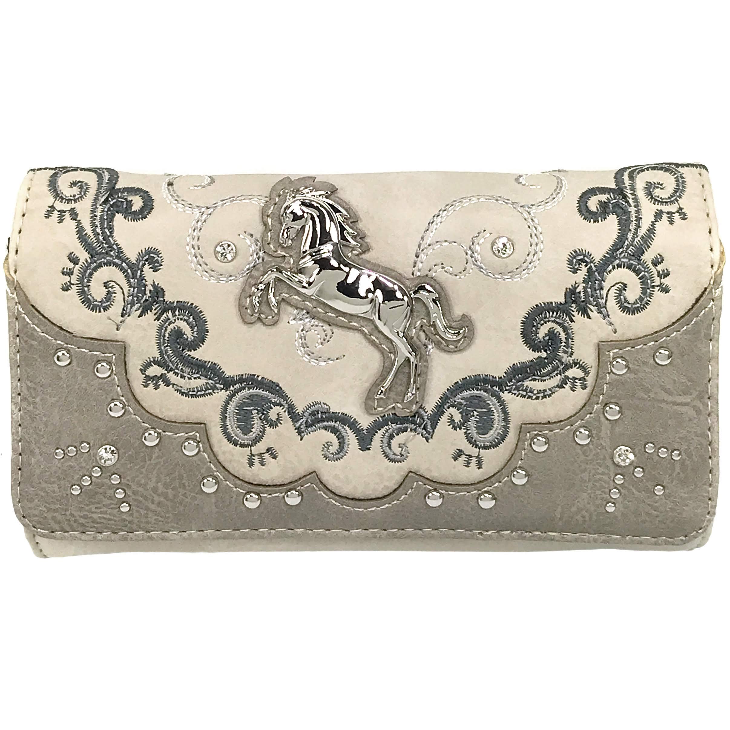 Justin West Brown Horse Embroidery Studded Concealed Carry Handbag Purse Matching Wallet (Silver Wallet)