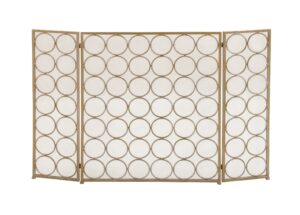 deco 79 metal geometric foldable mesh netting 3 panel fireplace screen with circle pattern, 47" x 1" x 32", brass