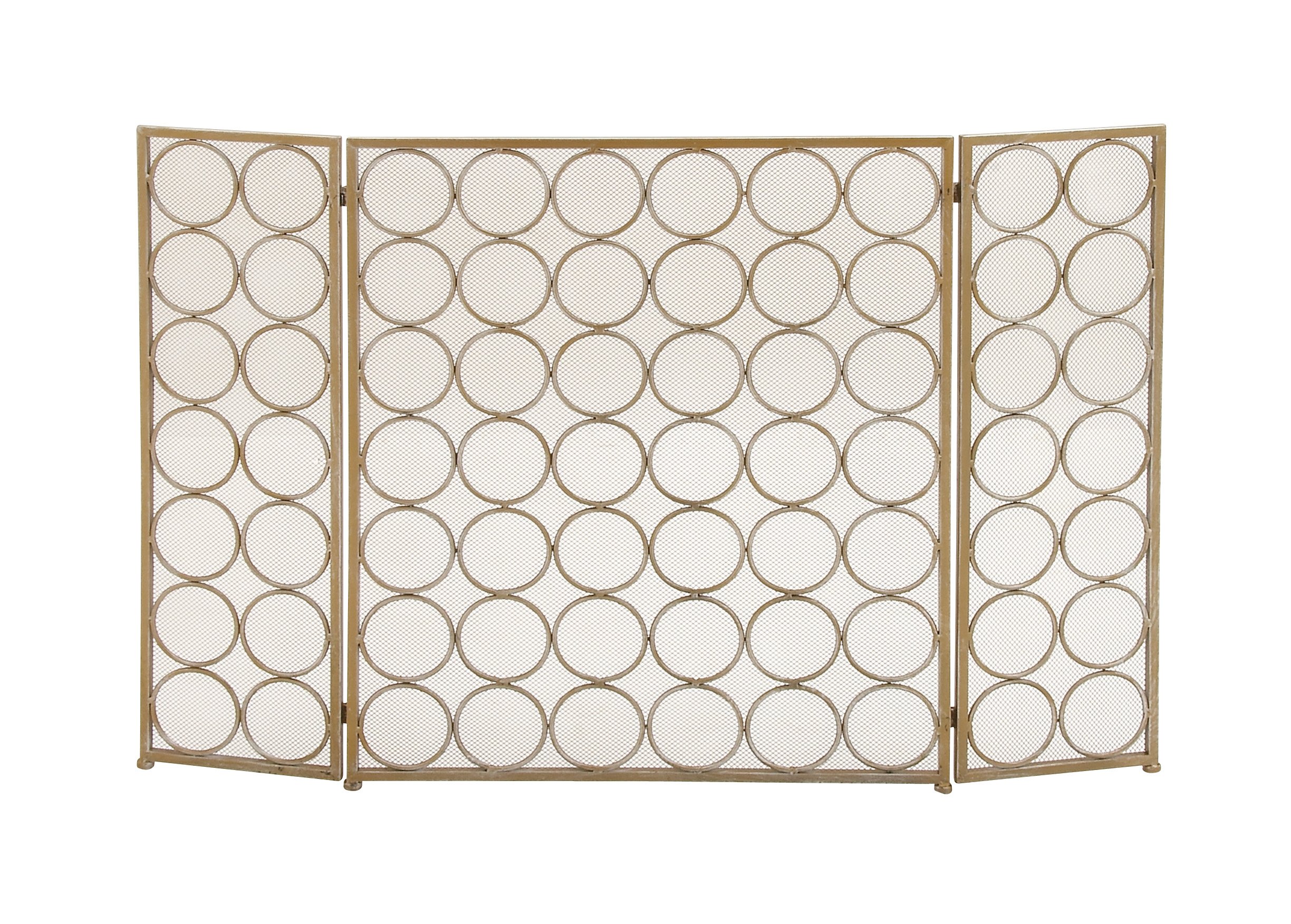 Deco 79 Metal Geometric Foldable Mesh Netting 3 Panel Fireplace Screen with Circle Pattern, 47" x 1" x 32", Brass