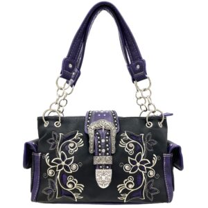 justin west western purse tooled laser cut floral design studs rhinestone buckle concealed carry handbag (purple)