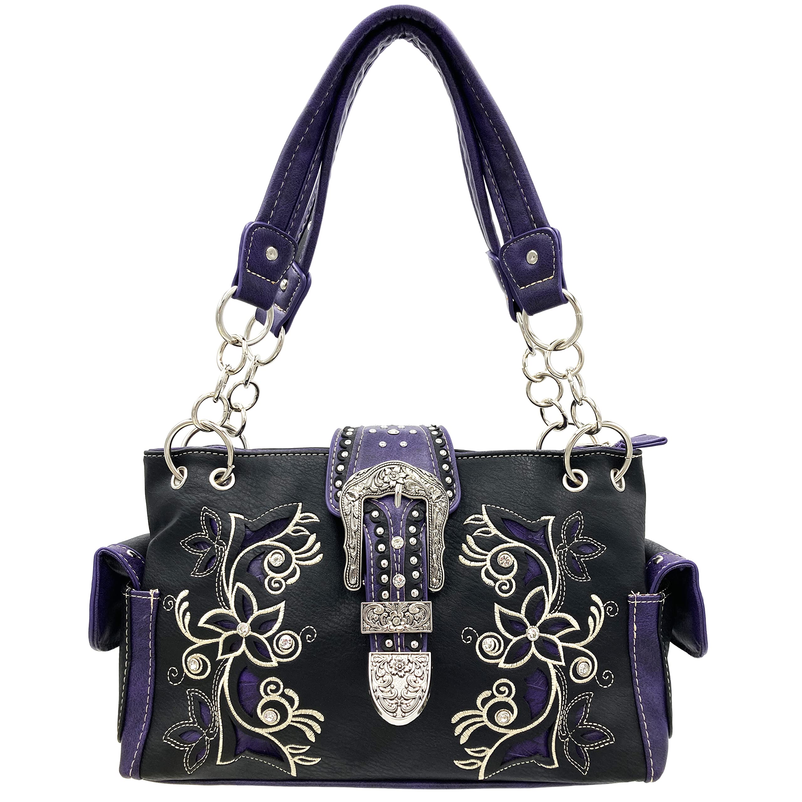 Justin West Western Purse Tooled Laser Cut Floral Design Studs Rhinestone Buckle Concealed Carry Handbag (Purple)