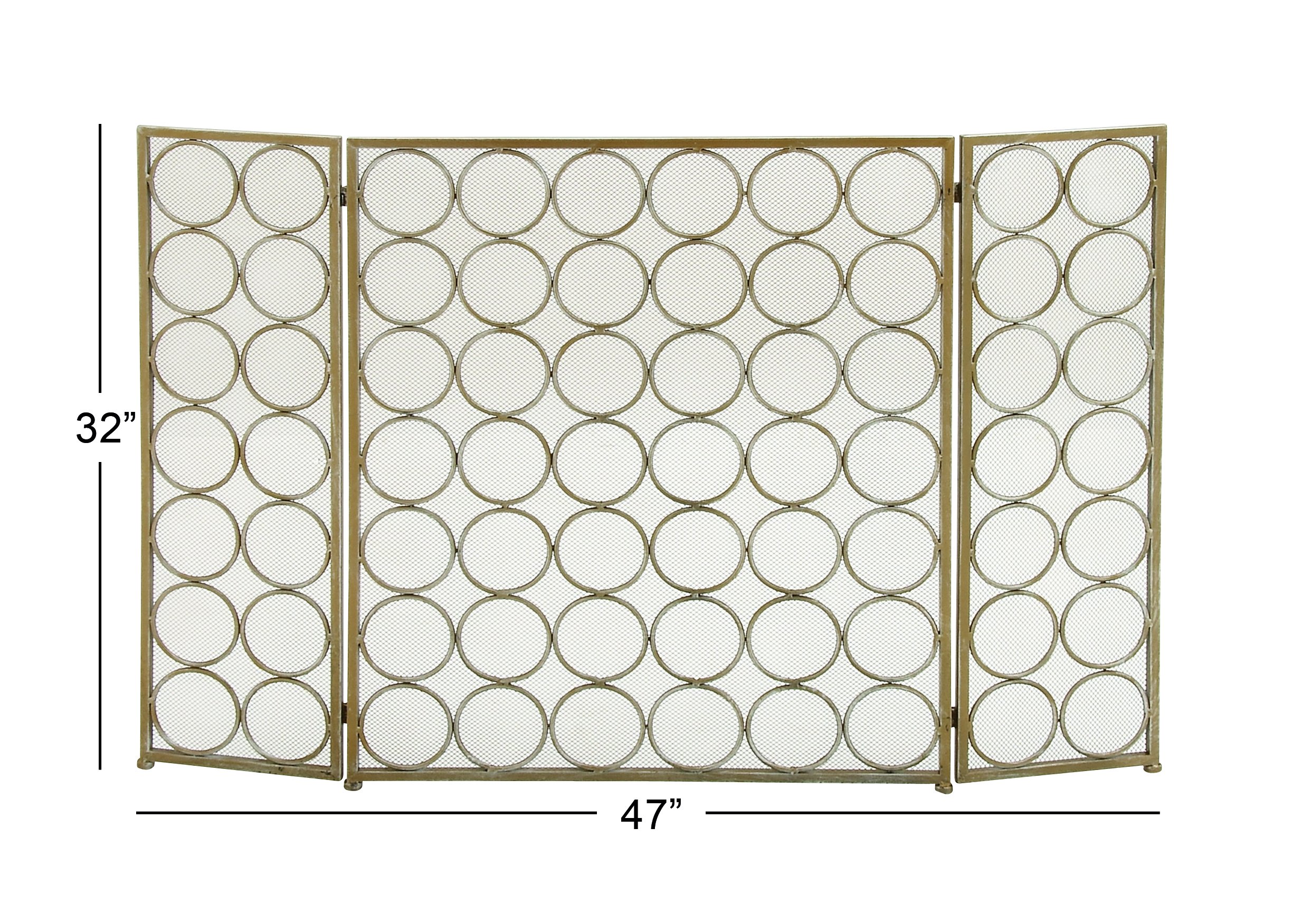 Deco 79 Metal Geometric Foldable Mesh Netting 3 Panel Fireplace Screen with Circle Pattern, 47" x 1" x 32", Brass