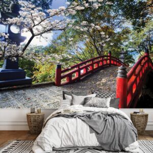 wall26 - light post next to a red bridge on a japanese garden - wall mural, removable sticker, home decor - 100x144 inches