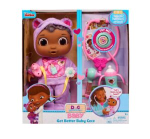 doc mcstuffins disney junior get better baby cece doll with lights and sounds stethescope and doctor accessories, kids toys for ages 3 up by just play