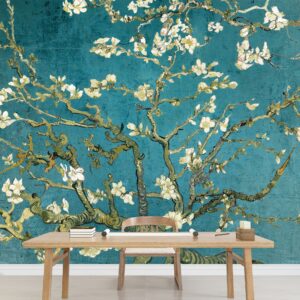 wall26 - vibrant teal gradient almond blossom by vincent van gogh - wall mural, removable sticker, home decor - 100x144 inches