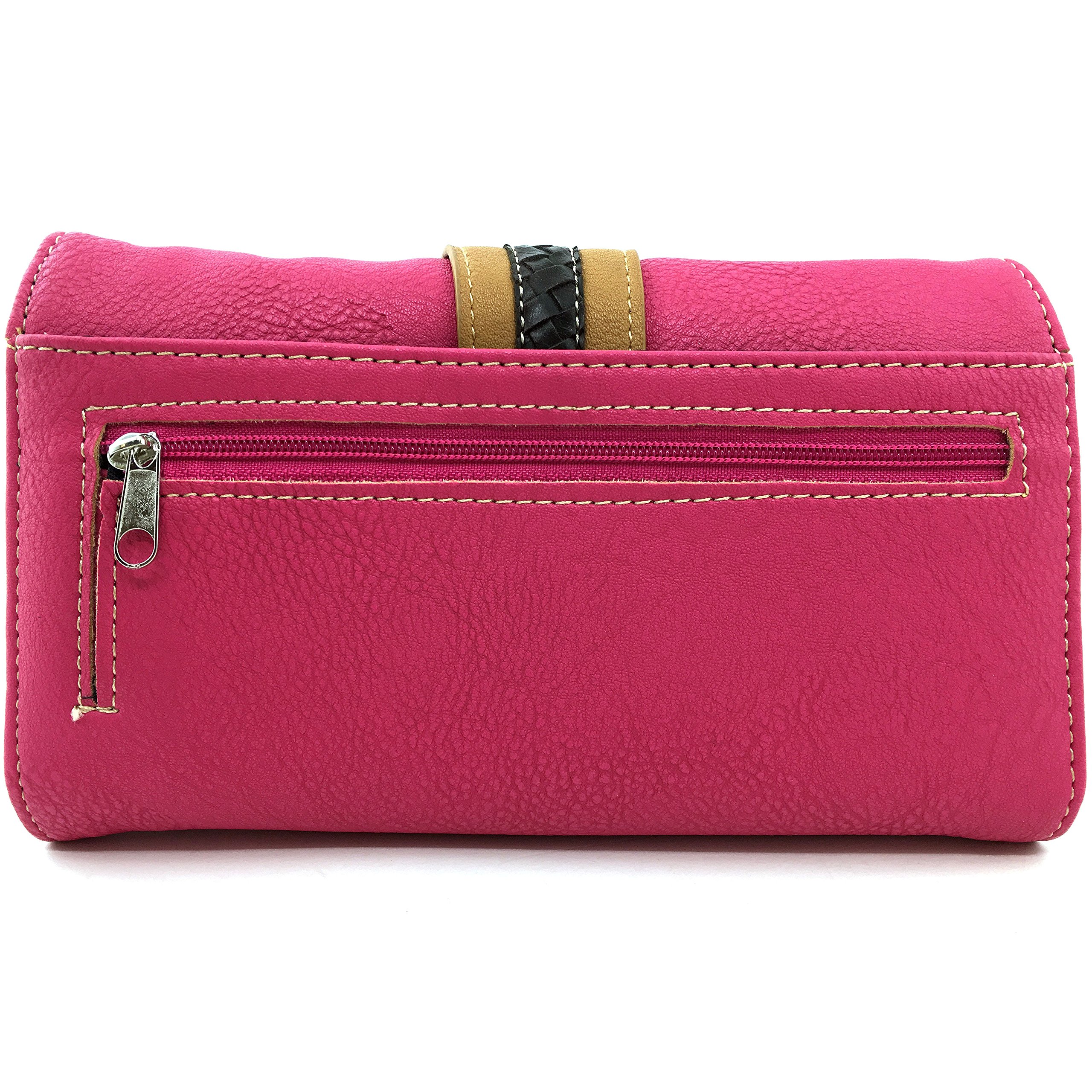 Justin West Embroidery Floral Rose Stud Buckle Wristlet Trifold Wallet Attachable Long Strap (Hot Pink)