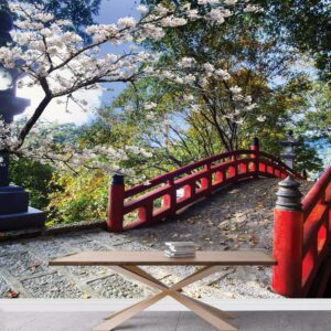 wall26 - Light Post Next to a Red Bridge on a Japanese Garden - Wall Mural, Removable Sticker, Home Decor - 100x144 inches