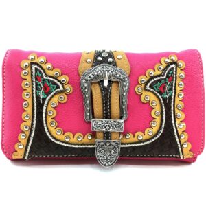 justin west embroidery floral rose stud buckle wristlet trifold wallet attachable long strap (hot pink)