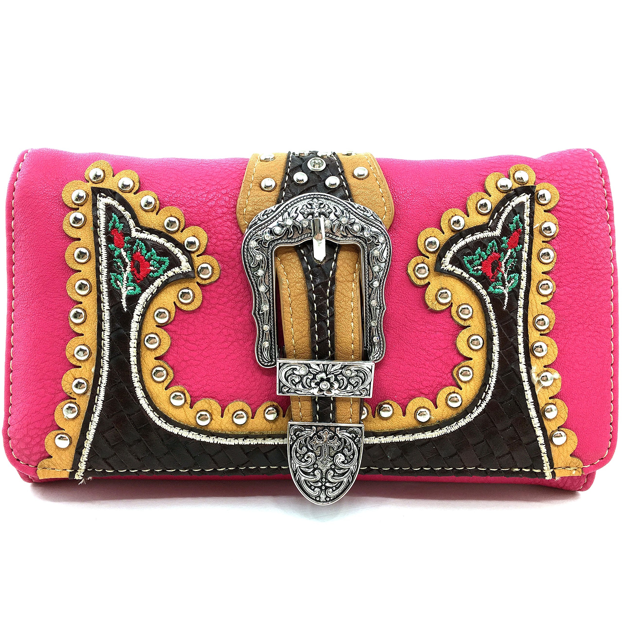 Justin West Embroidery Floral Rose Stud Buckle Wristlet Trifold Wallet Attachable Long Strap (Hot Pink)