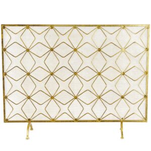 deco 79 metal geometric star patterned single panel fireplace screen with mesh netting, 38" x 9" x 28", gold