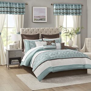 madison park essentials jelena room in a bag faux silk comforter classic luxe all season down alternative bedding, matching bedskirt, curtains, decorative pillows, queen(90"x90"), seafoam 24 piece