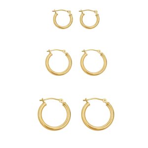 avora 3-pair 10k yellow gold classic polished 2mm tube hoop earrings set