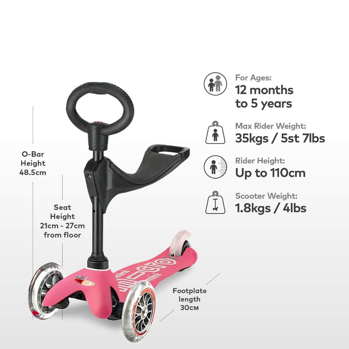 Mini 3in1 Deluxe 3-Stage Ride-on Micro Scooter Toddler Toys for Ages 12 Months to 5 Years - Pink