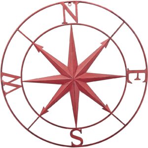 bellaa 27529 metal wall compass nautical coastal beach home decor captain sailors fisherman round rustic distressed red 30 inch