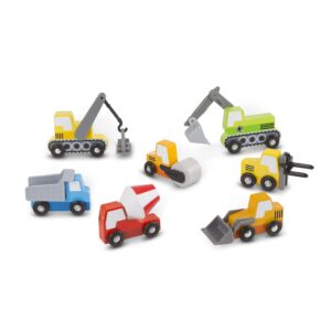 melissa & doug wooden construction site vehicles with wooden storage tray (8 pcs) - vehicle toys, cars for toddlers and kids ages 3+