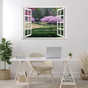 wall26 modern white window looking out into a japanese garden with cherry blossom trees and a kiosk - wall mural, removable sticker, home decor - 36x48 inches