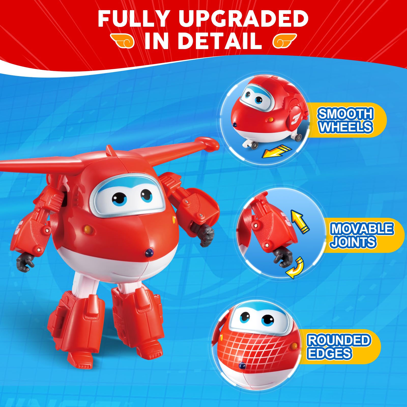 Super Wings Toys, Jett Transformer Toys 5 Inch, Airplane Toy for Kids 3-5 Years Old, Transforming from Toy Jet to Robot, Real Mobile Wheels, Birthday Party Supplies for Preschool Boys and Girls Red