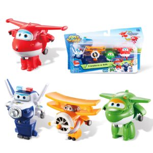 super wings 2" transform-a-robots 4 pack jett, paul, mira, and grand albert, airplane toys mini action figures, transformer toys for 3+ years old boys and grils