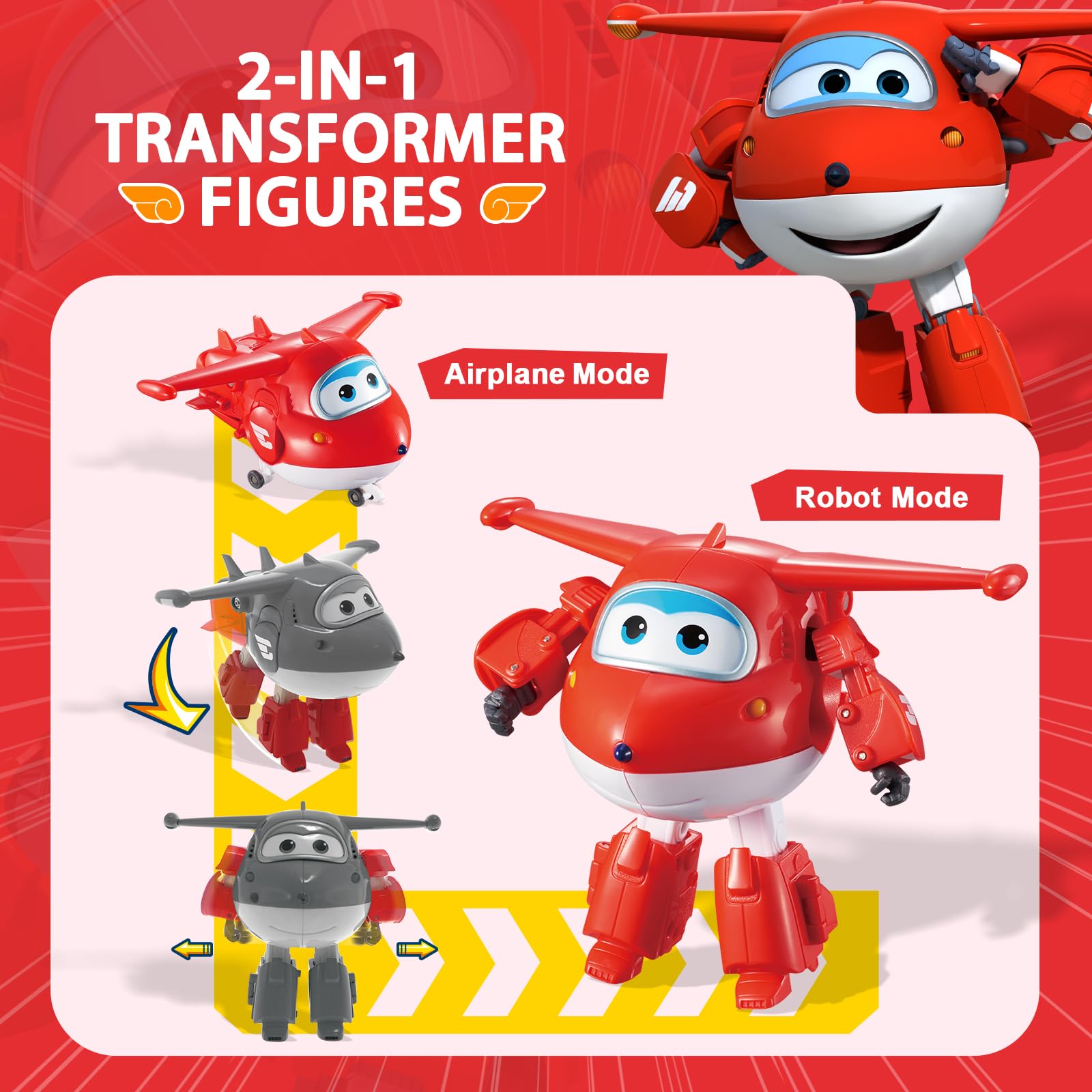 Super Wings Toys, Jett Transformer Toys 5 Inch, Airplane Toy for Kids 3-5 Years Old, Transforming from Toy Jet to Robot, Real Mobile Wheels, Birthday Party Supplies for Preschool Boys and Girls Red