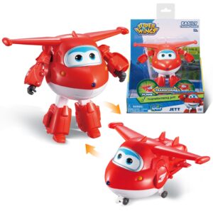 super wings toys, jett transformer toys 5 inch, airplane toy for kids 3-5 years old, transforming from toy jet to robot, real mobile wheels, birthday party supplies for preschool boys and girls red