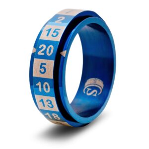 critsuccess d20 dice ring with 20 sided die spinner (size 8 - stainless steel - blue)