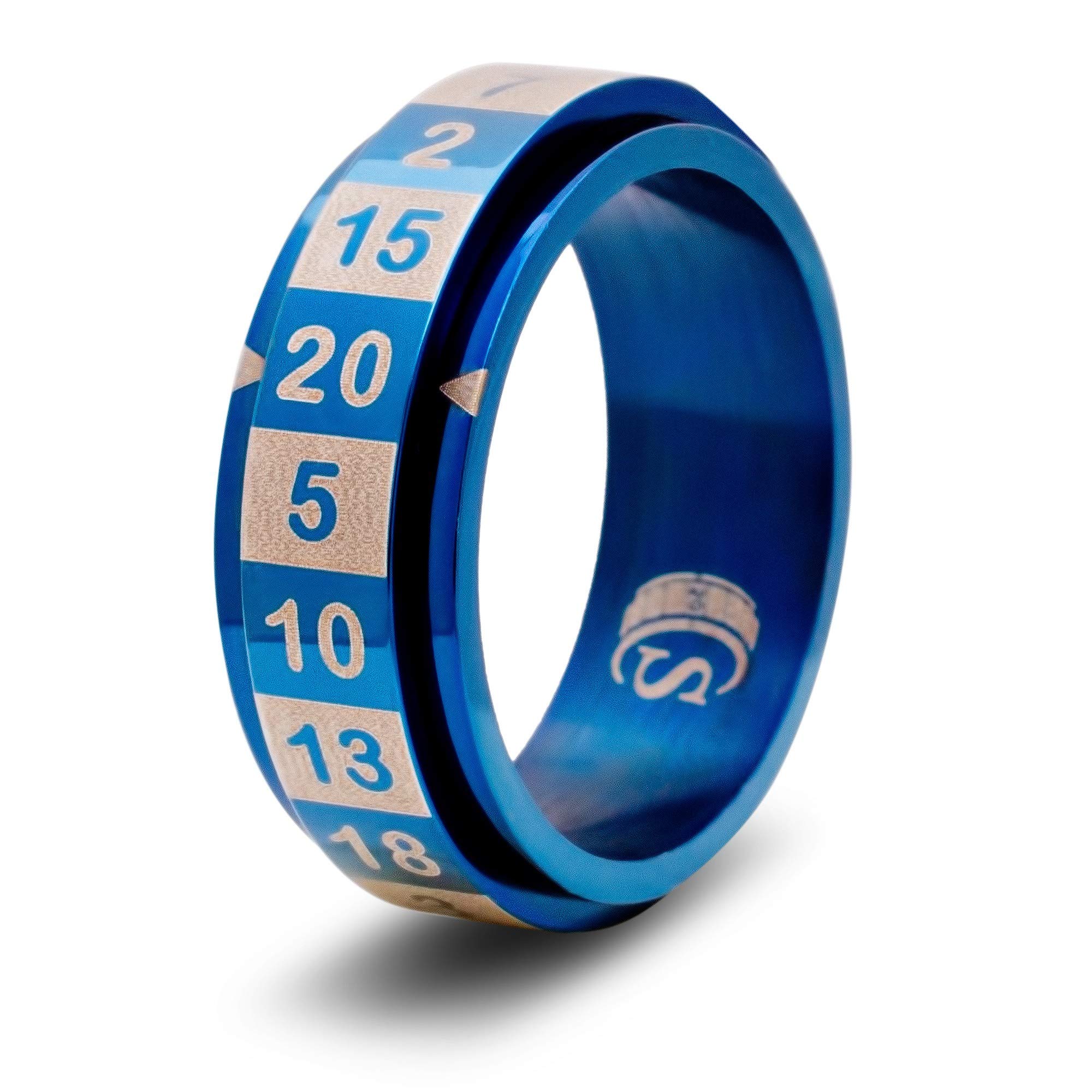 CritSuccess d20 Dice Ring with 20 Sided Die Spinner (Size 8 - Stainless Steel - Blue)