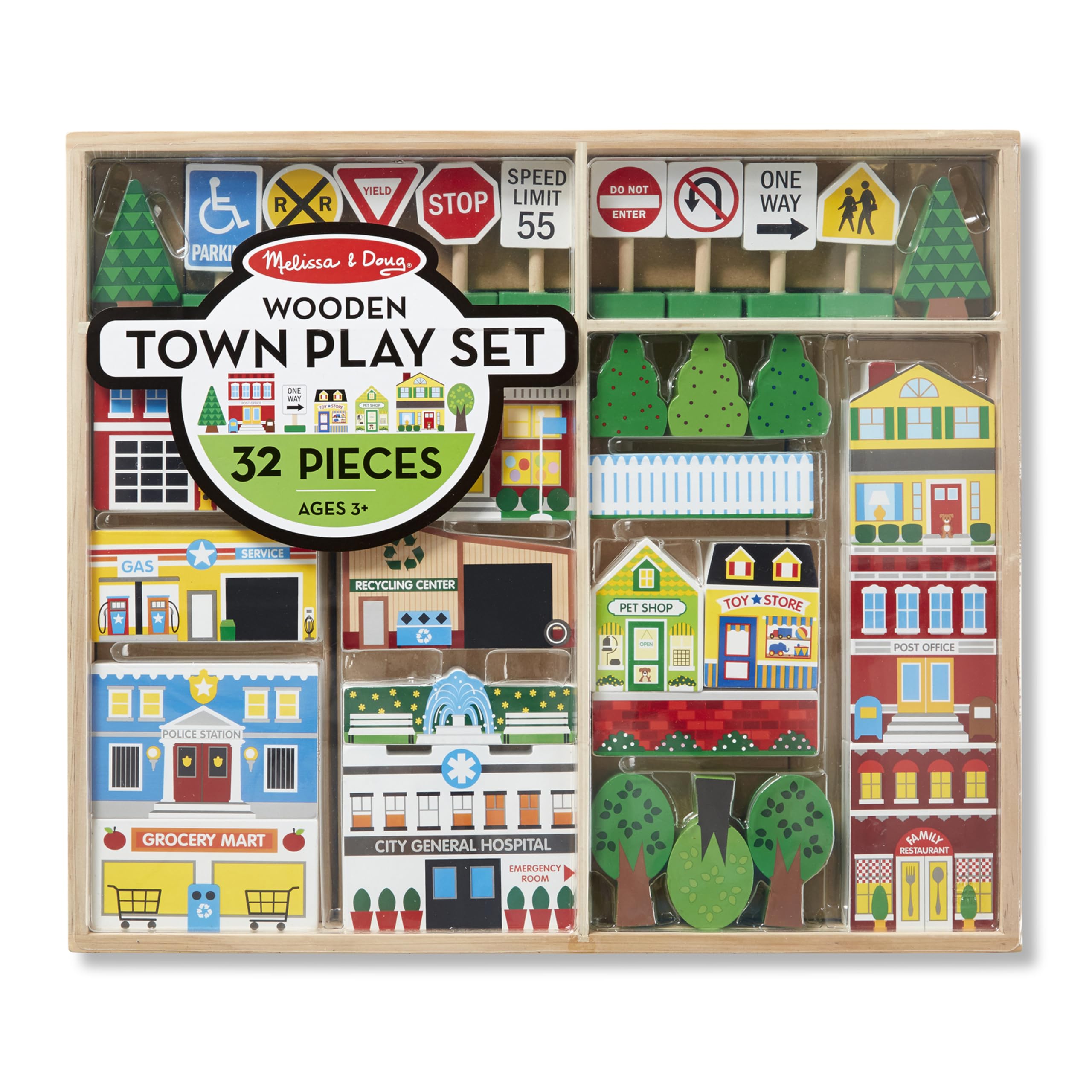 Melissa & Doug Wooden Town Play Set With Storage Tray (32 pcs)