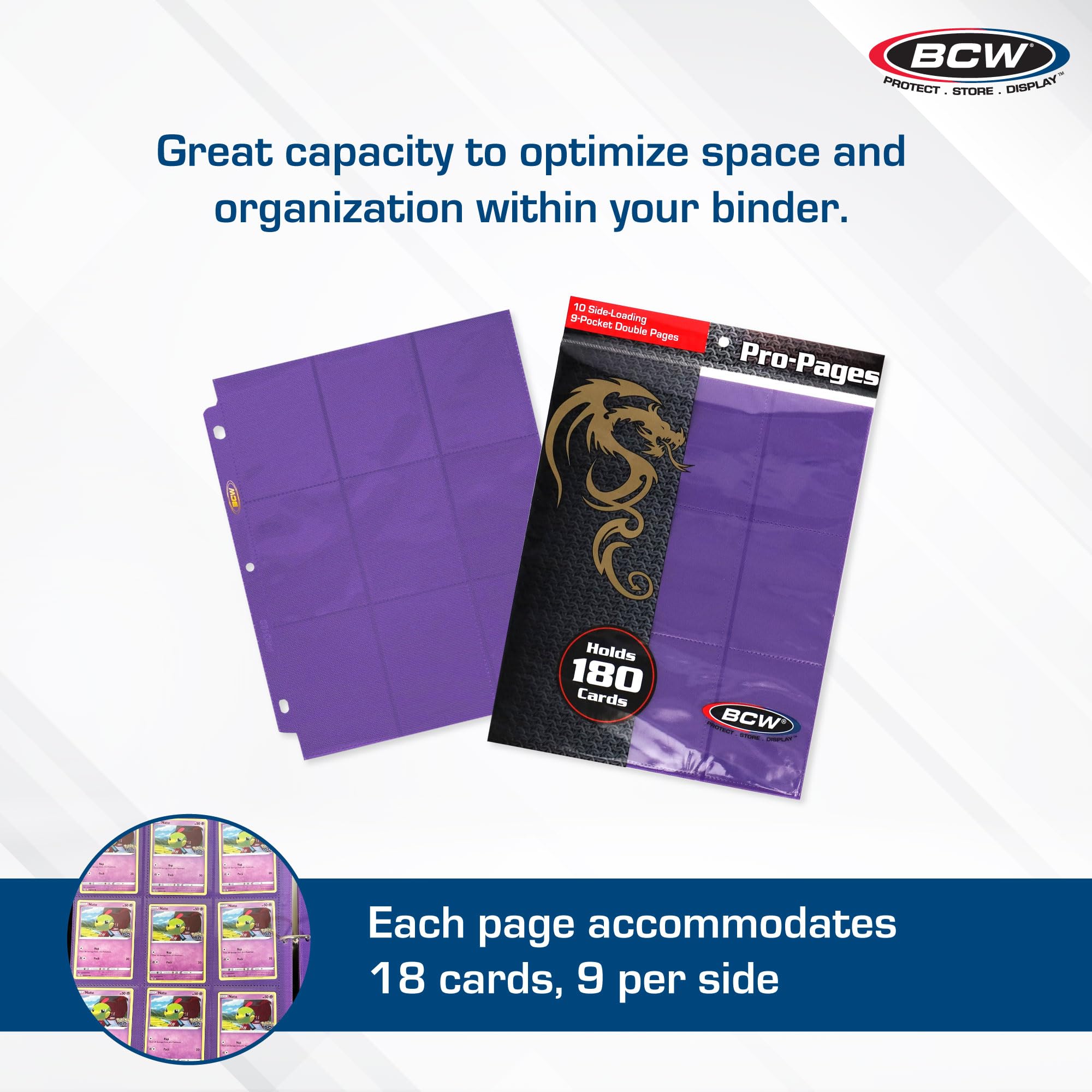 BCW Double-Sided 9-Pocket Pages Holder | Trading Card Binder Sheets | Secure Side Loading - Accommodates 18 Cards - 9 Each Side