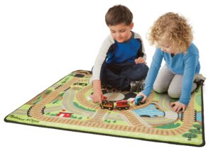 melissa & doug round the rails train rug with 3 linking wooden train cars (39 x 36 inches)