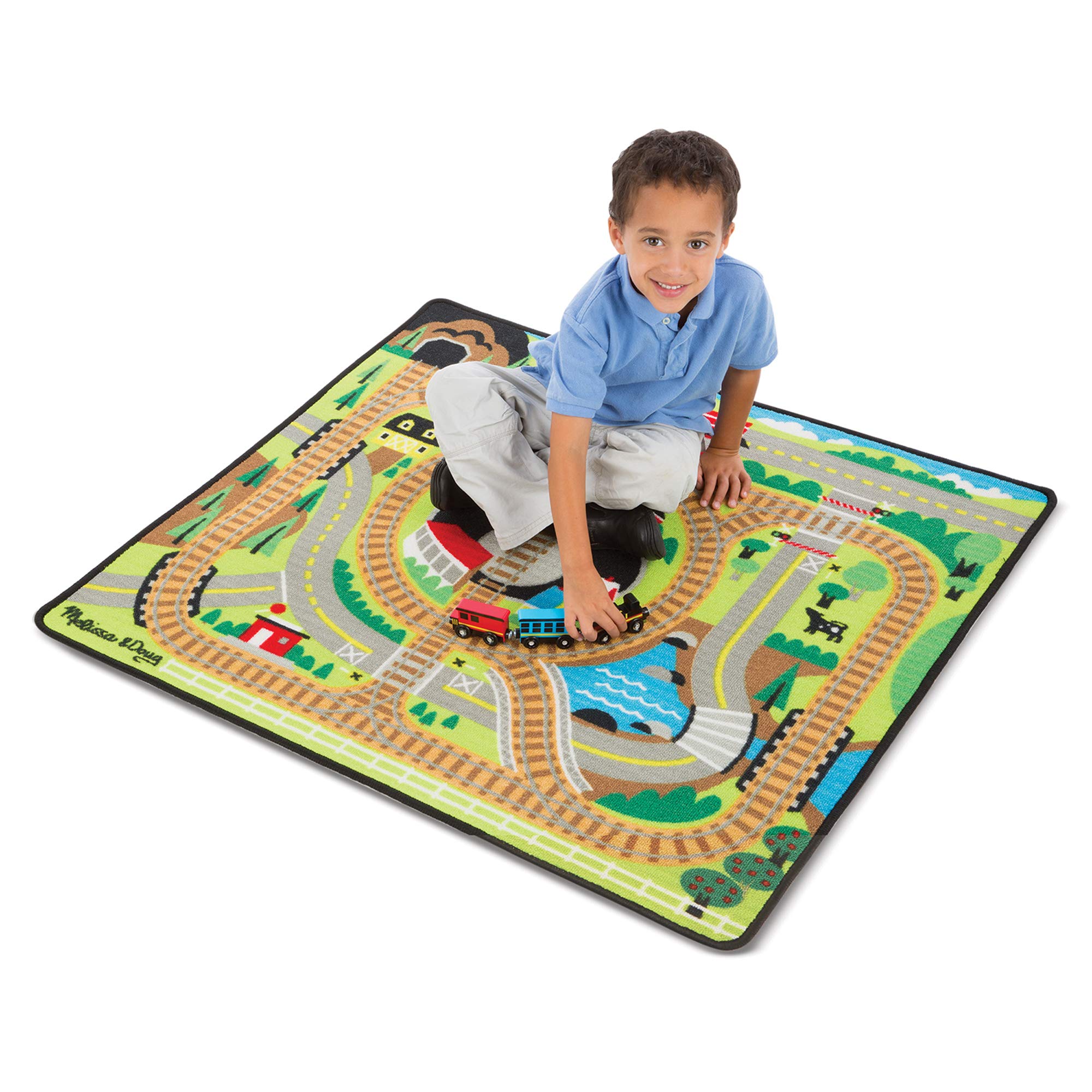 Melissa & Doug Round the Rails Train Rug With 3 Linking Wooden Train Cars (39 x 36 inches)