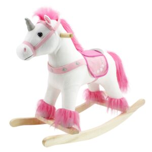 animal adventure | real wood ride-on plush rocker | white and pink unicorn | perfect for ages 3+