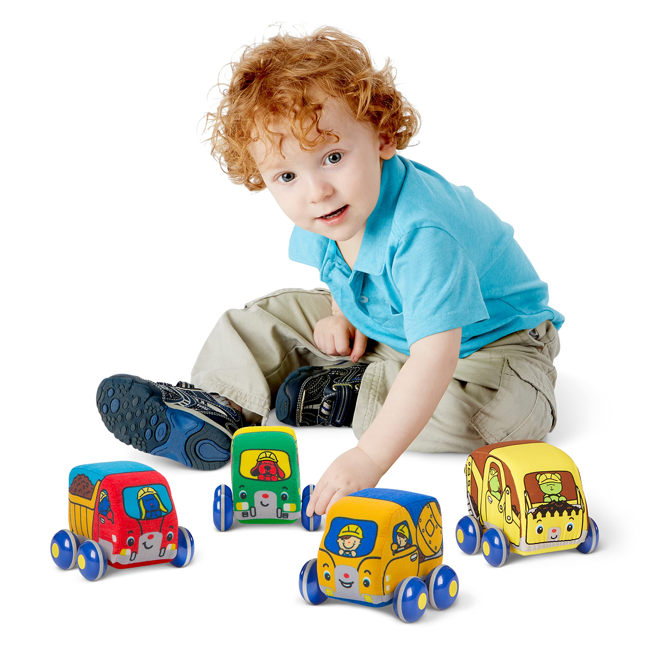 Melissa & Doug Pull-Back Construction Vehicles - Soft Baby Toy Play Set of 4 Vehicles - Cars For Infants, Construction Toys, Pull Back Cars For Babies Ages 9m+