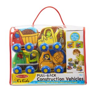 Melissa & Doug Pull-Back Construction Vehicles - Soft Baby Toy Play Set of 4 Vehicles - Cars For Infants, Construction Toys, Pull Back Cars For Babies Ages 9m+