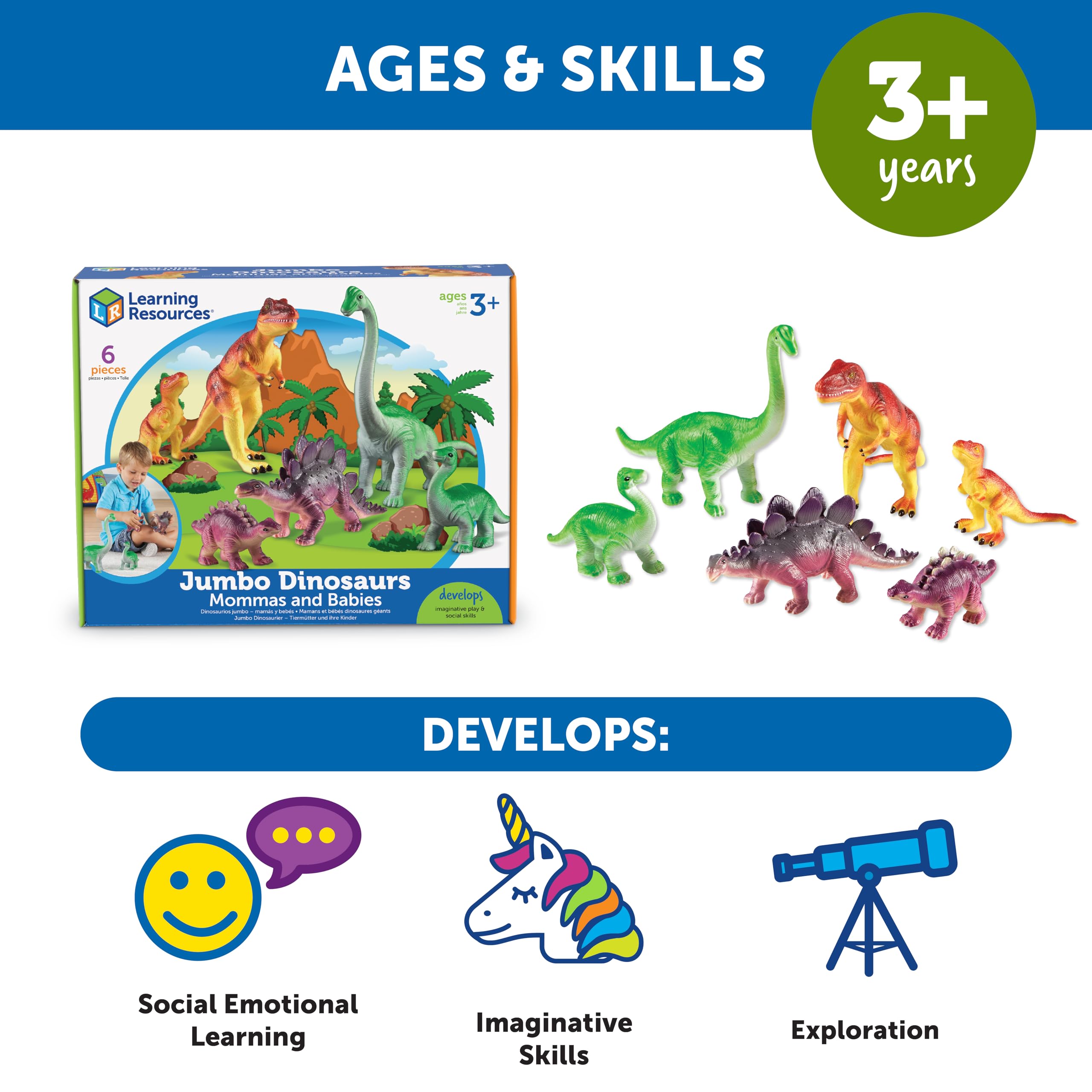 Learning Resources Jumbo Dinosaurs I Mommas and Babies I T-Rex, Stegosaurus, and Brachiosaurus, 6 Animals, multi-color