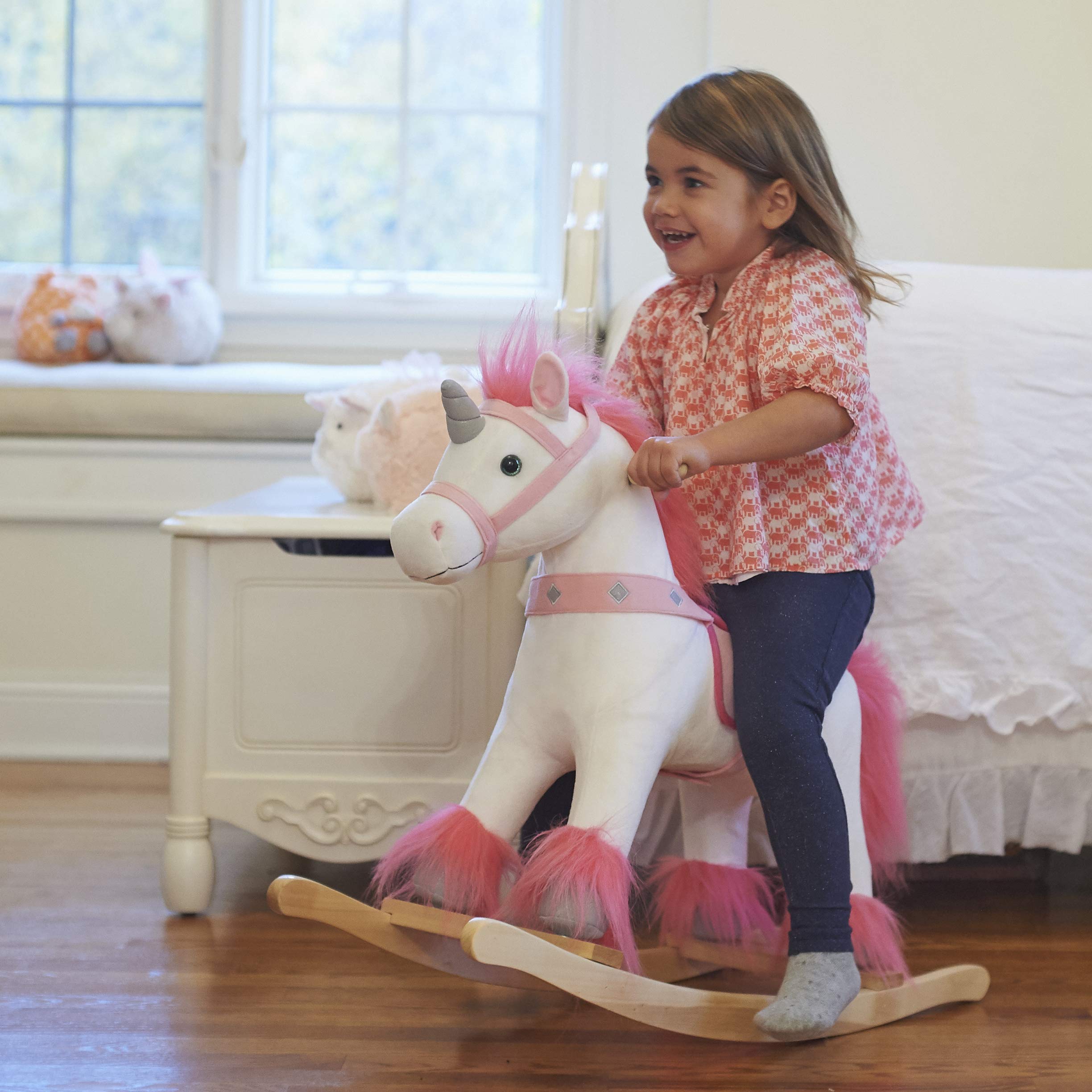 Animal Adventure | Real Wood Ride-On Plush Rocker | White and Pink Unicorn | Perfect for Ages 3+