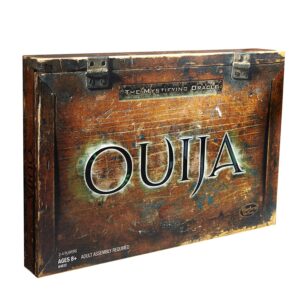 hasbro gaming ouija board game, 8+ years, includes ouija board, planchette (with lens and 3 glide feet), and instructions.