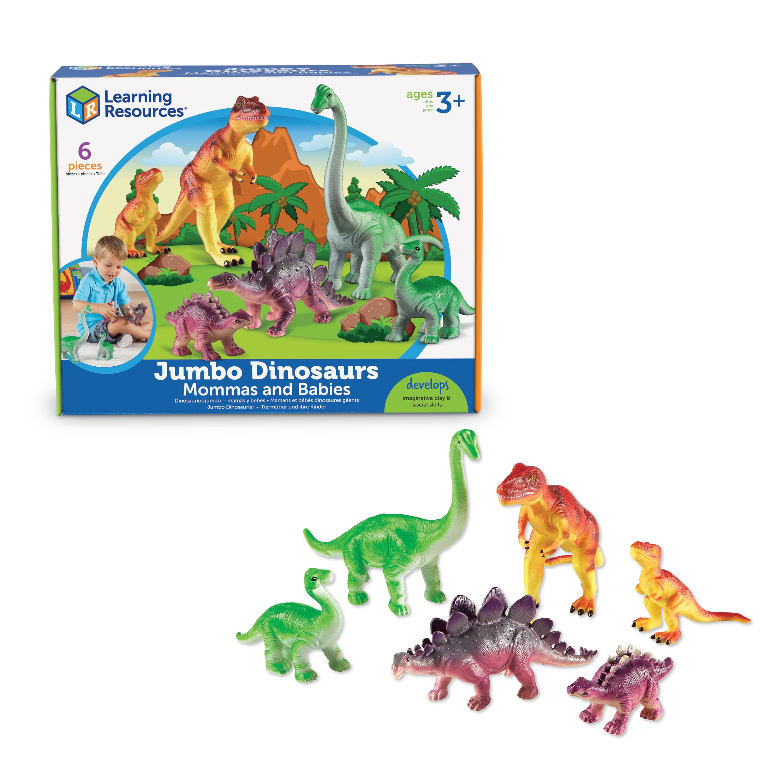 Learning Resources Jumbo Dinosaurs I Mommas and Babies I T-Rex, Stegosaurus, and Brachiosaurus, 6 Animals, multi-color