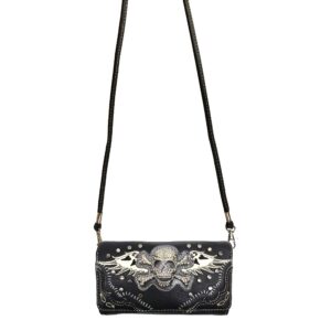 Justin West Skull Crossbones Angel Wings Bling Concealed Carry Handbag Purse Trifold Crossbody Wallet (Black Wallet)