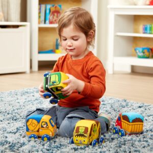 Melissa & Doug Pull-Back Construction Vehicles - Soft Baby Toy Play Set of 4 Vehicles - Cars For Infants, Construction Toys, Pull Back Cars For Babies Ages 9m+