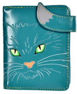 shag wear women's pu vegan leather colorful slim trendy small bifold wallet with 4 credit card slots, 1 zippered coin pocket, and clear id window (green eyed kitty teal)