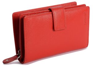 saddler womens luxurious leather bifold rfid wallet clutch zipper purse| designer high capacity credit card holder with large zipper coin purse for ladies | gift boxed - red