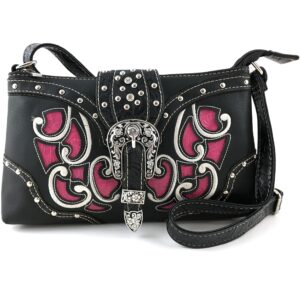 justin west western tooled laser cut rhinestone buckle messenger bag purse with long crossbody strap (black hot pink)