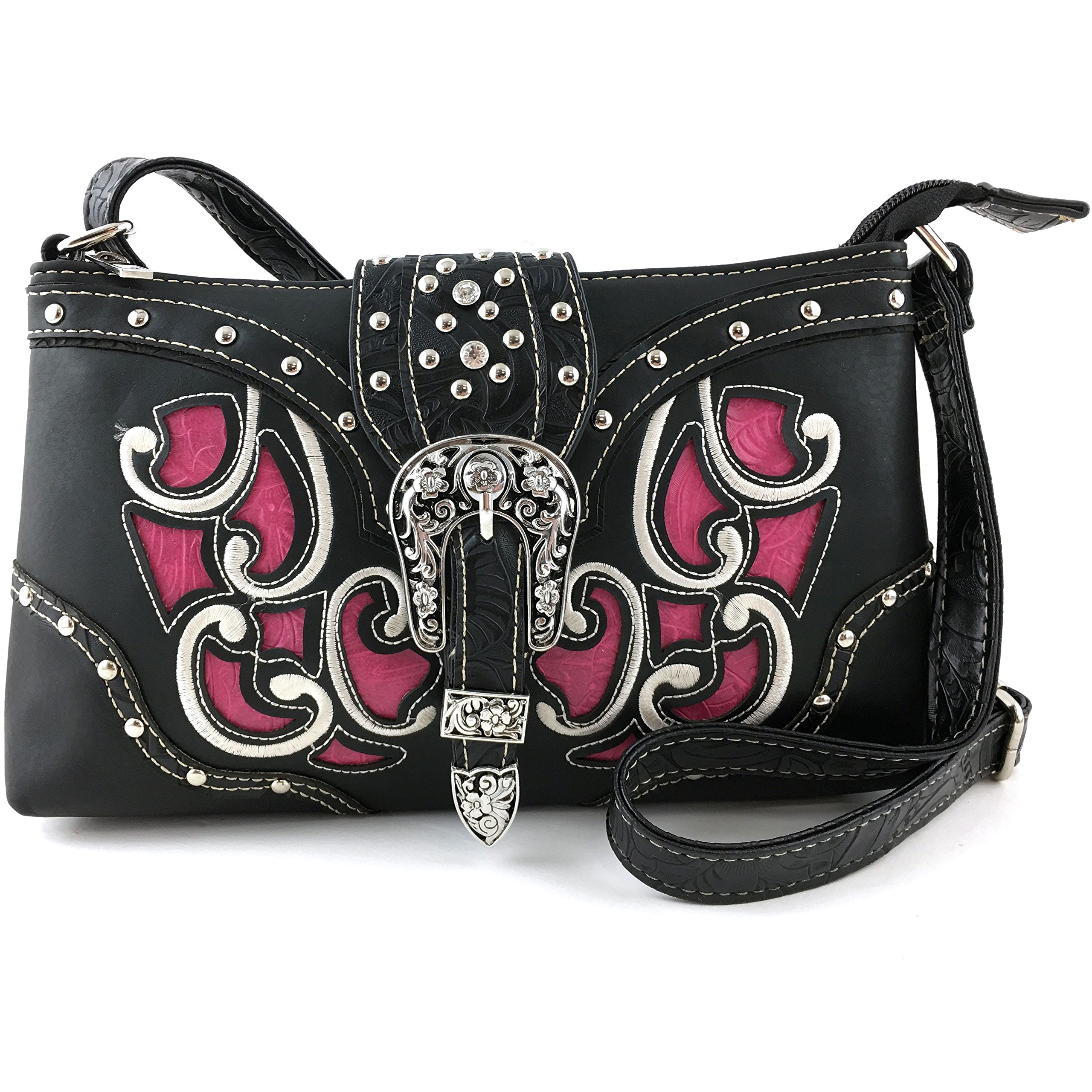 Justin West Western Tooled Laser Cut Rhinestone Buckle Messenger Bag Purse with Long Crossbody Strap (Black Hot Pink)