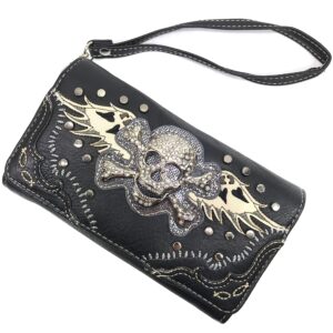 Justin West Skull Crossbones Angel Wings Bling Concealed Carry Handbag Purse Trifold Crossbody Wallet (Black Wallet)